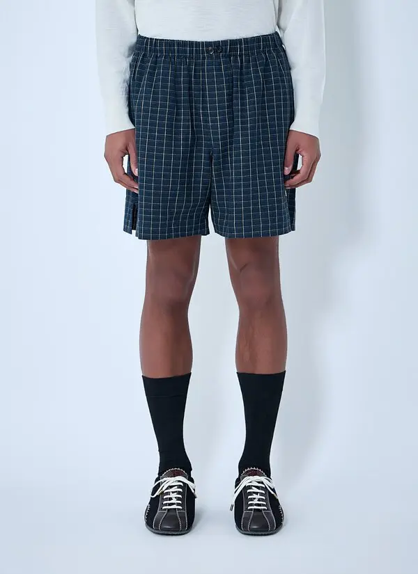 WALES BONNER Checked Linen Tailored Shorts - Blue