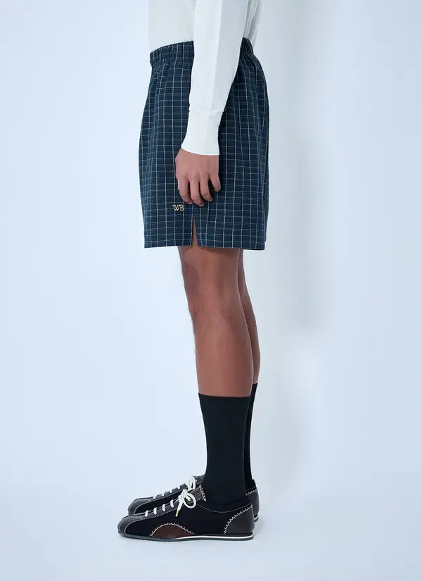 WALES BONNER Checked Linen Tailored Shorts - Blue