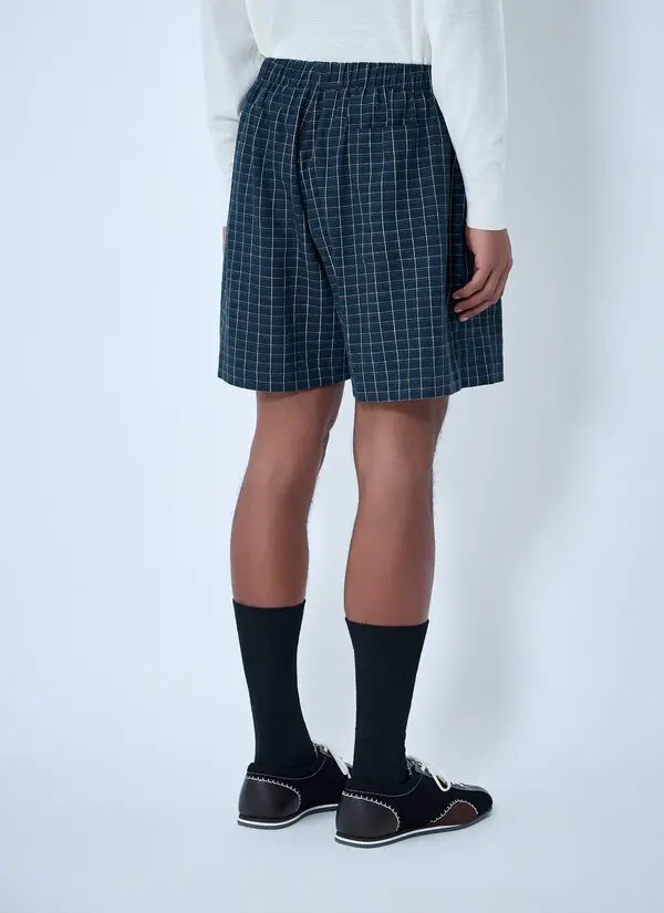 WALES BONNER Checked Linen Tailored Shorts - Blue