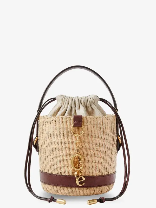 Chloé Raffia Bucket Bag With Leather Trim And Logo Charm - Multicolor