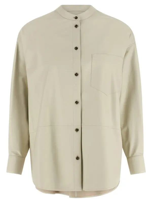 YVES SALOMON Leather Mandarin Collar Shirt - White