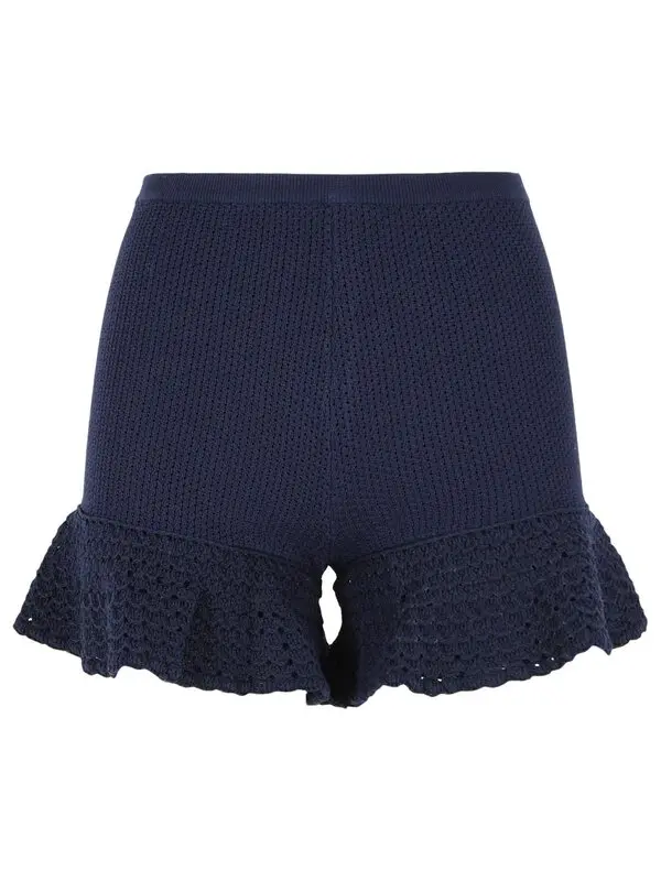 SELF-PORTRAIT High Waist Ribbed Shorts With Lace Ruffle Hem - Blue