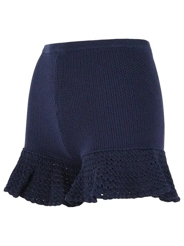 SELF-PORTRAIT High Waist Ribbed Shorts With Lace Ruffle Hem - Blue