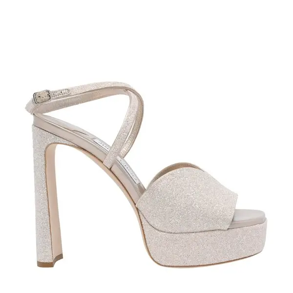 JIMMY CHOO Karli Glittered Fabric Block Heel Sandals - Gold