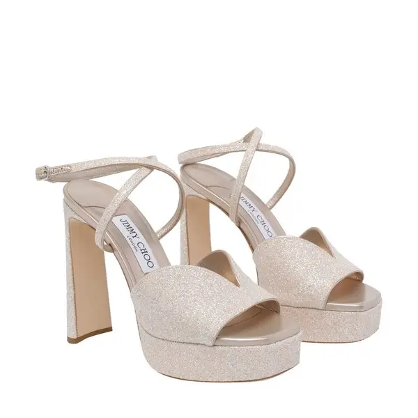 JIMMY CHOO Karli Glittered Fabric Block Heel Sandals - Gold