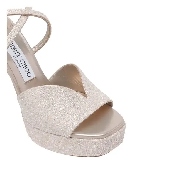 JIMMY CHOO Karli Glittered Fabric Block Heel Sandals - Gold