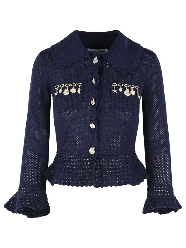 SELF-PORTRAIT Navy Viscose Blend Cardigan - Blue