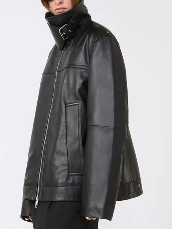 Sportmax Oversized Leather Jacket With Stand Collar And Removable Bib