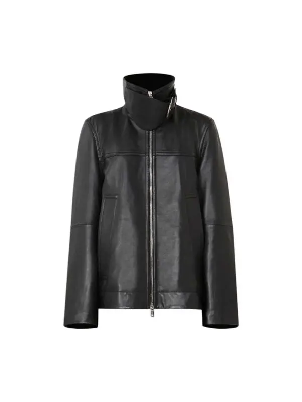Sportmax Oversized Leather Jacket With Stand Collar And Removable Bib - Black