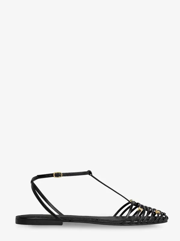 Celine Leather Cage Sandals With Metal Triomphe Logo Detail - Black