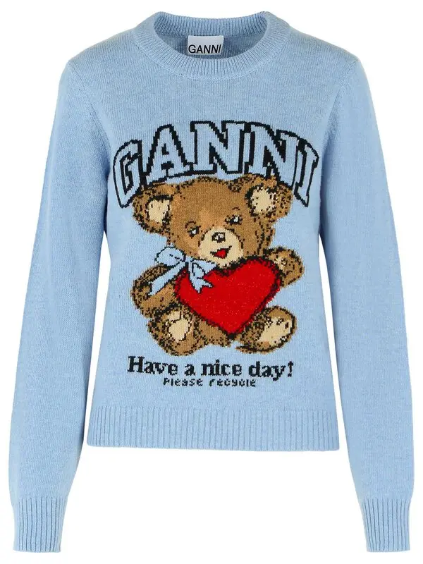 GANNI Light Wool Blend Sweater With Graphic Pattern - Blue