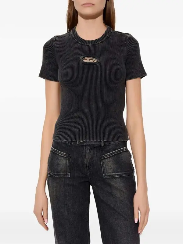DIESEL® Ribbed Knit T-shirt With Cut-out Logo Detail - Black