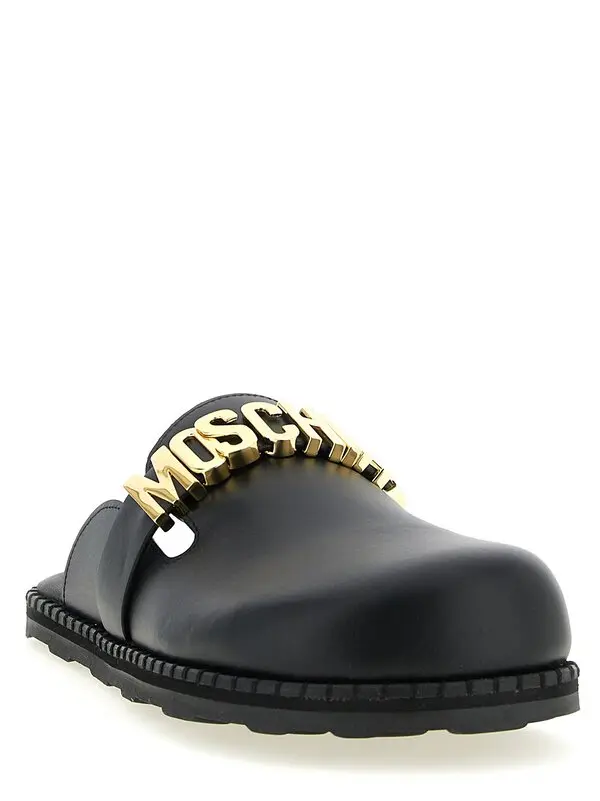 Moschino Leather Sabots With Logo Strap