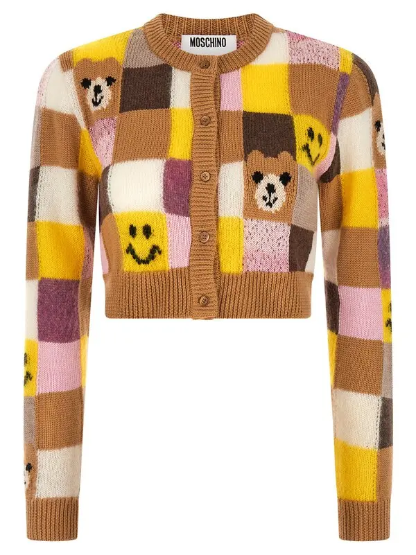 Moschino Smiley® Teddy Bear Checkered Cropped Cardigan - Yellow