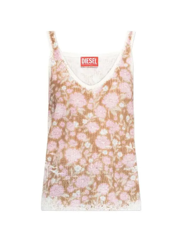 DIESEL® Floral Print V-neck Ribbed Knit Sleeveless Top - Multicolor