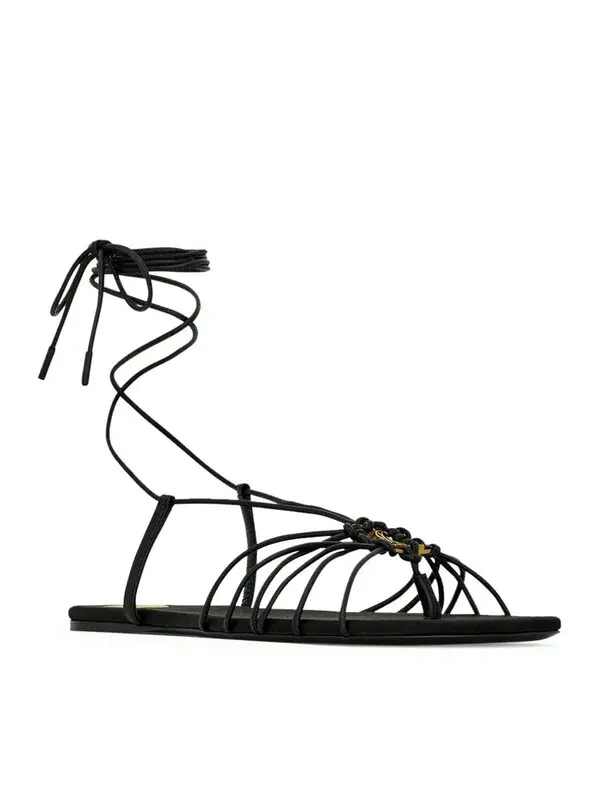 Saint Laurent Babylone Smooth Leather Sandals With Ankle Bow Fastening - Multicolor