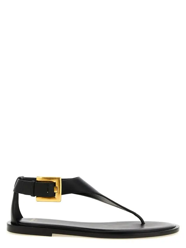 Balmain Anthem" Lambskin Thong Sandals With Logo Buckle - Black