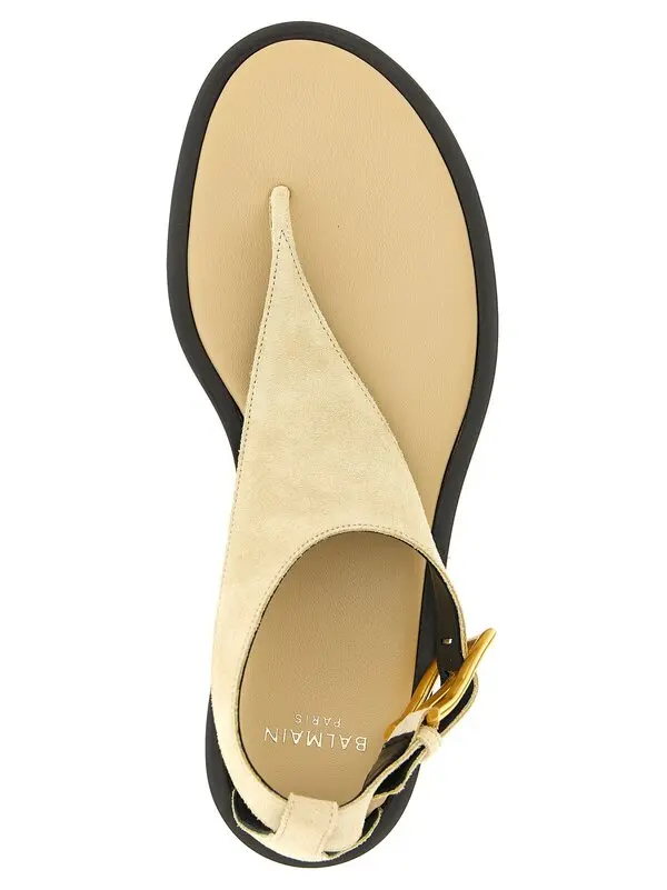 Balmain Anthem" Lambskin Thong Sandals With Logo Buckle - Cream