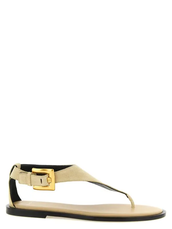 Balmain Anthem" Lambskin Thong Sandals With Logo Buckle - Cream