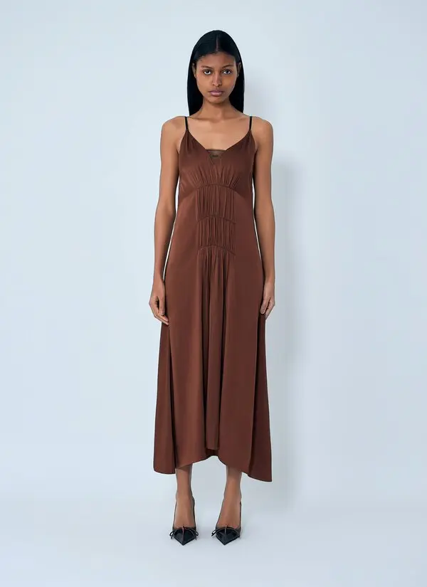 Prada Crepe Satin Midi Dress With V-neckline And Adjustable Straps - Brown