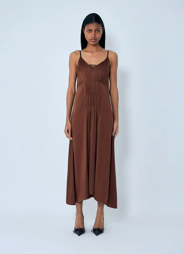 Prada Crepe Satin Midi Dress With V-neckline And Adjustable Straps - Brown