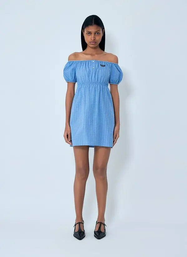 Miu Miu Off-shoulder Plaid Mini Dress