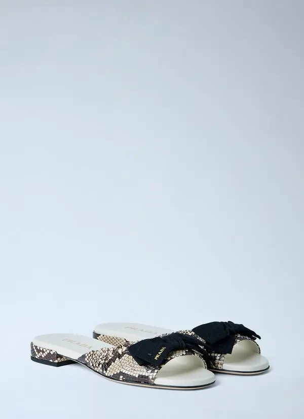 Prada Textured Slide Sandals With Bow Detail - Gray