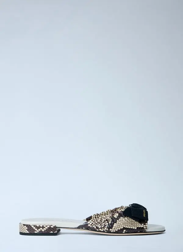 Prada Textured Slide Sandals With Bow Detail - Gray