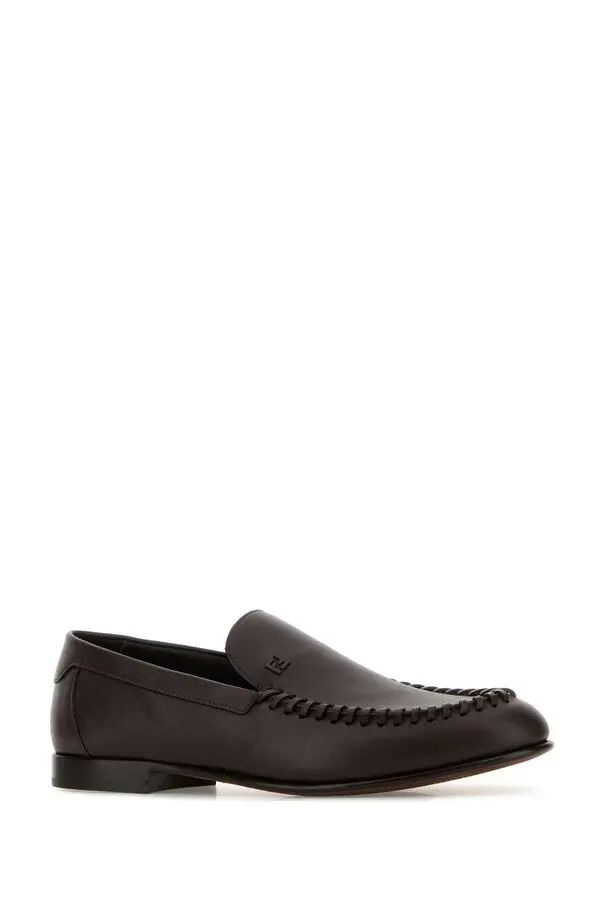 Fendi Dark Brown Leather Loafers With Braided Detailing - Multicolor