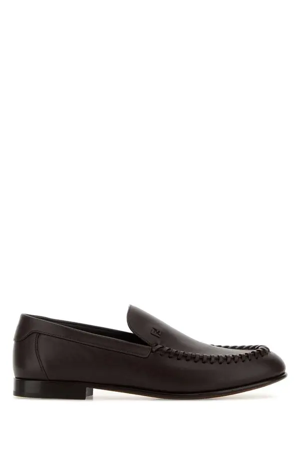 Fendi Dark Brown Leather Loafers With Braided Detailing - Multicolor