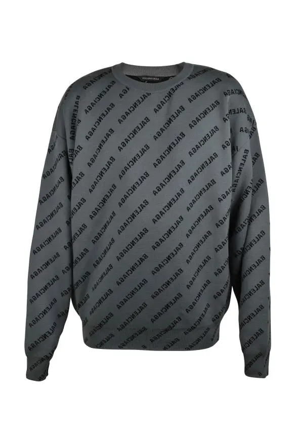 Balenciaga Grey Monogram Logo Wool Sweater