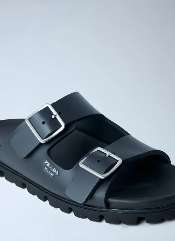 Prada Double Strap Rubber Slides With Adjustable Buckle