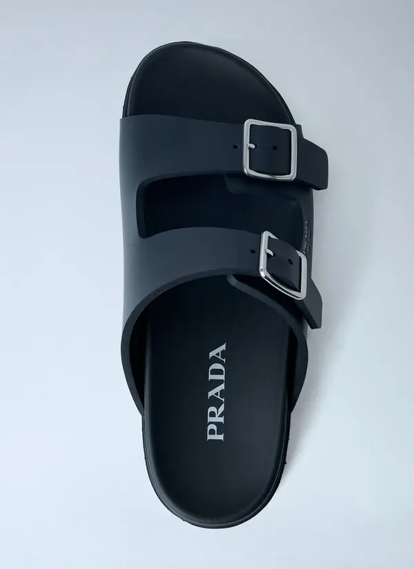 Prada Double Strap Rubber Slides With Adjustable Buckle