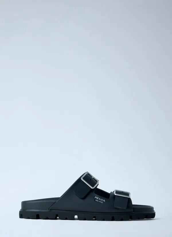 Prada Double Strap Rubber Slides With Adjustable Buckle - Black