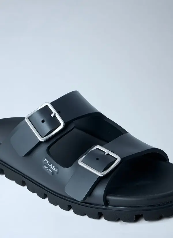 Prada Double Strap Rubber Slides With Adjustable Buckle - Black