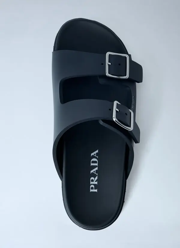 Prada Double Strap Rubber Slides With Adjustable Buckle - Black