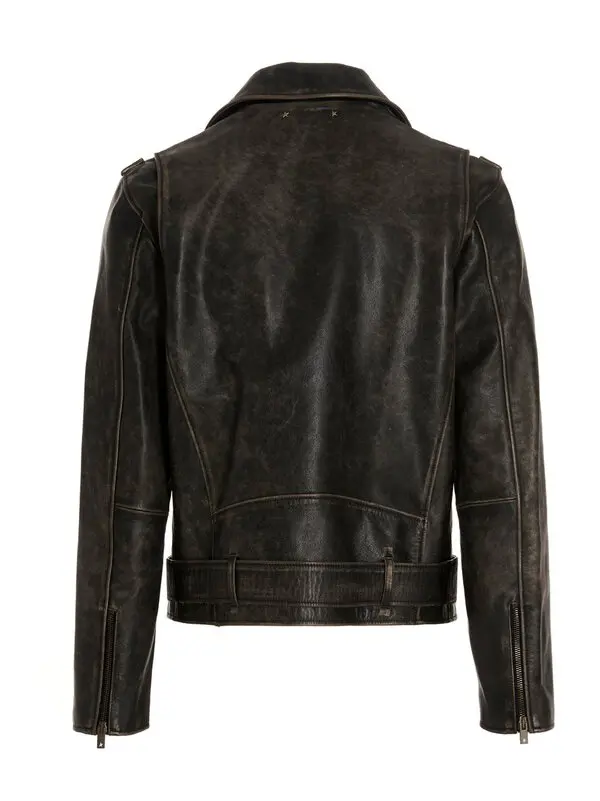 GOLDEN GOOSE Distressed Leather Biker Jacket With Belt