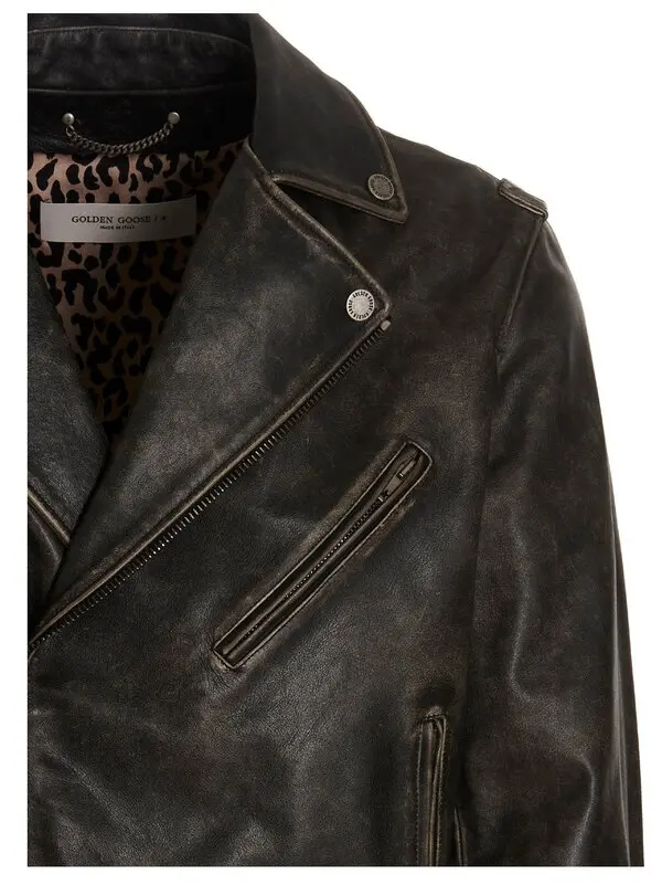 GOLDEN GOOSE Distressed Leather Biker Jacket With Belt