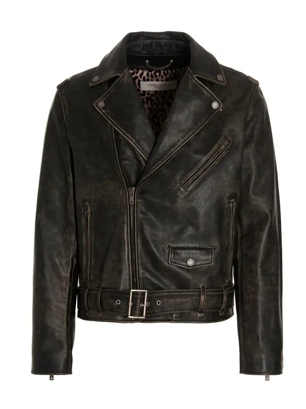 GOLDEN GOOSE Distressed Leather Biker Jacket With Belt - Black