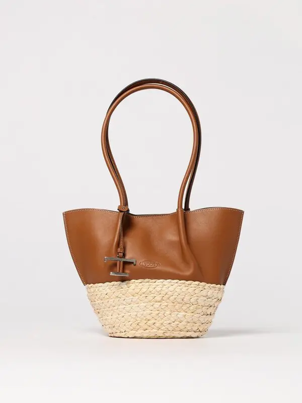 TOD'S Two-tone Leather And Raffia Small Shopping Bag - Brown