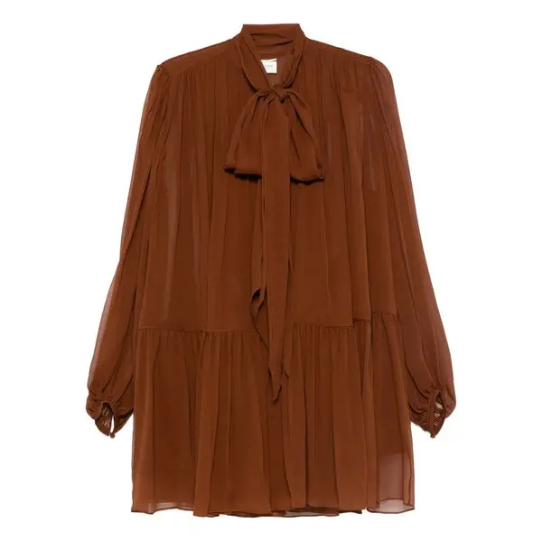 Saint Laurent Sheer Long Sleeve Mini Dress - Brown