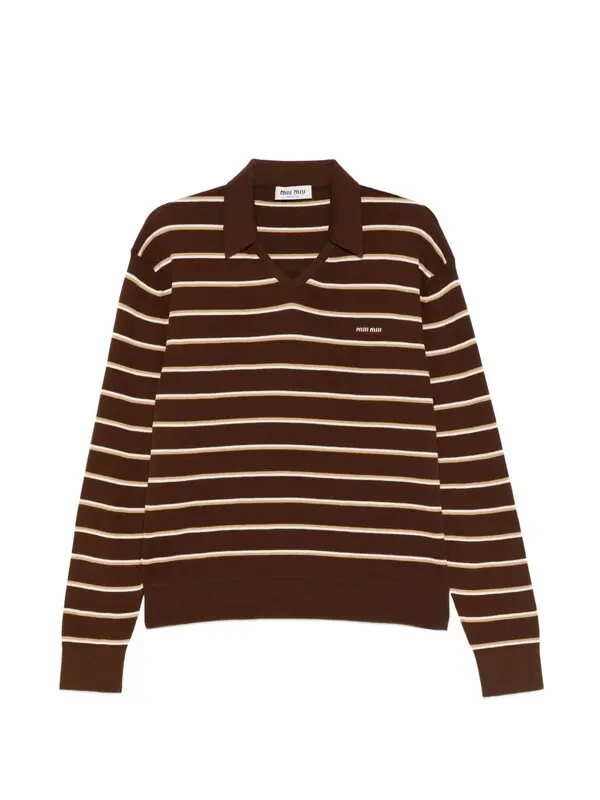 Miu Miu Embroidered Striped Stretch Cotton Blend Polo Shirt