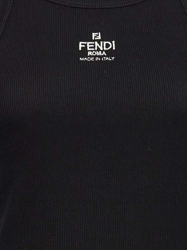 Fendi Ribbed Cotton Tank Top With Logo Embroidery - Black