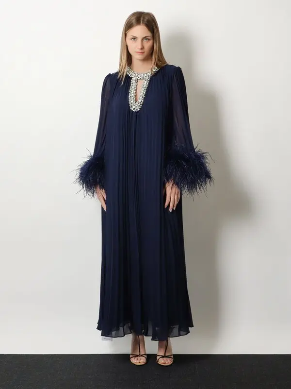 SELF-PORTRAIT Navy Ostrich Feather Trimmed Pleated Dress