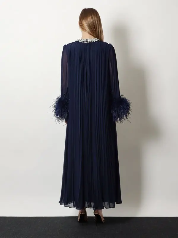 SELF-PORTRAIT Navy Ostrich Feather Trimmed Pleated Dress