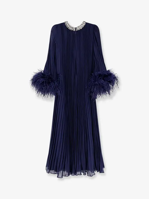SELF-PORTRAIT Navy Ostrich Feather Trimmed Pleated Dress