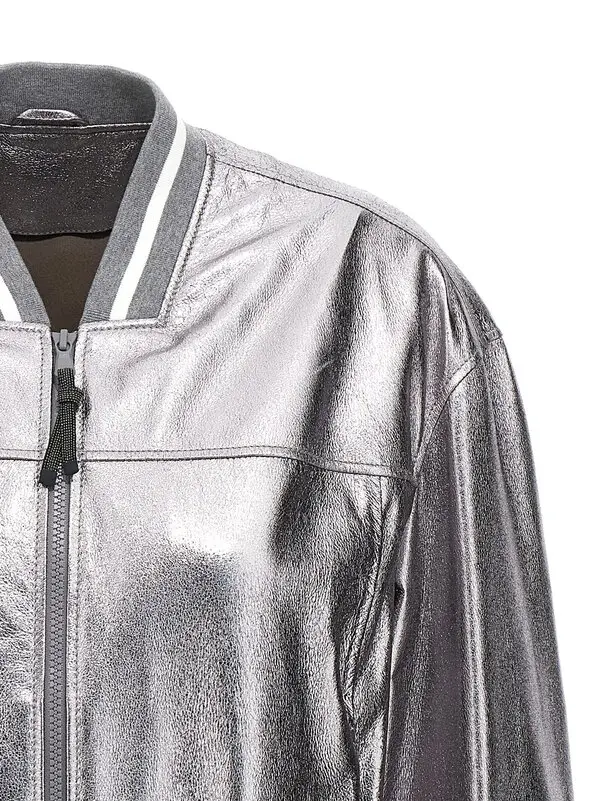 Brunello Cucinelli Laminated Leather Bomber Jacket - Silver