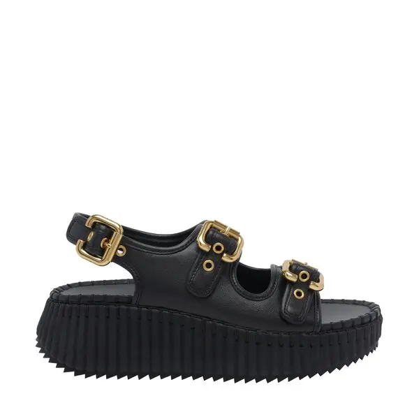 Chloé Nama Wedge Sandals With Gold Tone Hardware - Black
