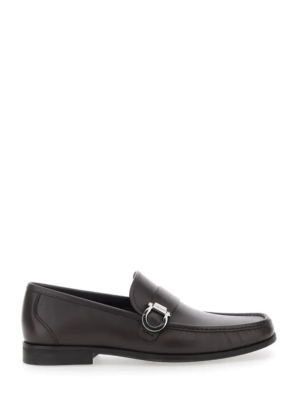 FERRAGAMO Leather Loafers With Gancini Detail - Brown