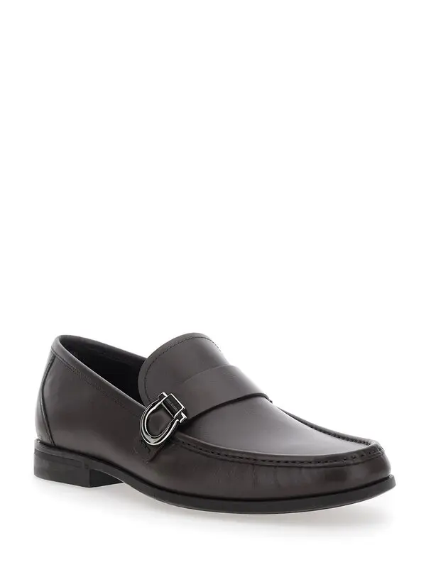 FERRAGAMO Leather Loafers With Gancini Detail - Brown